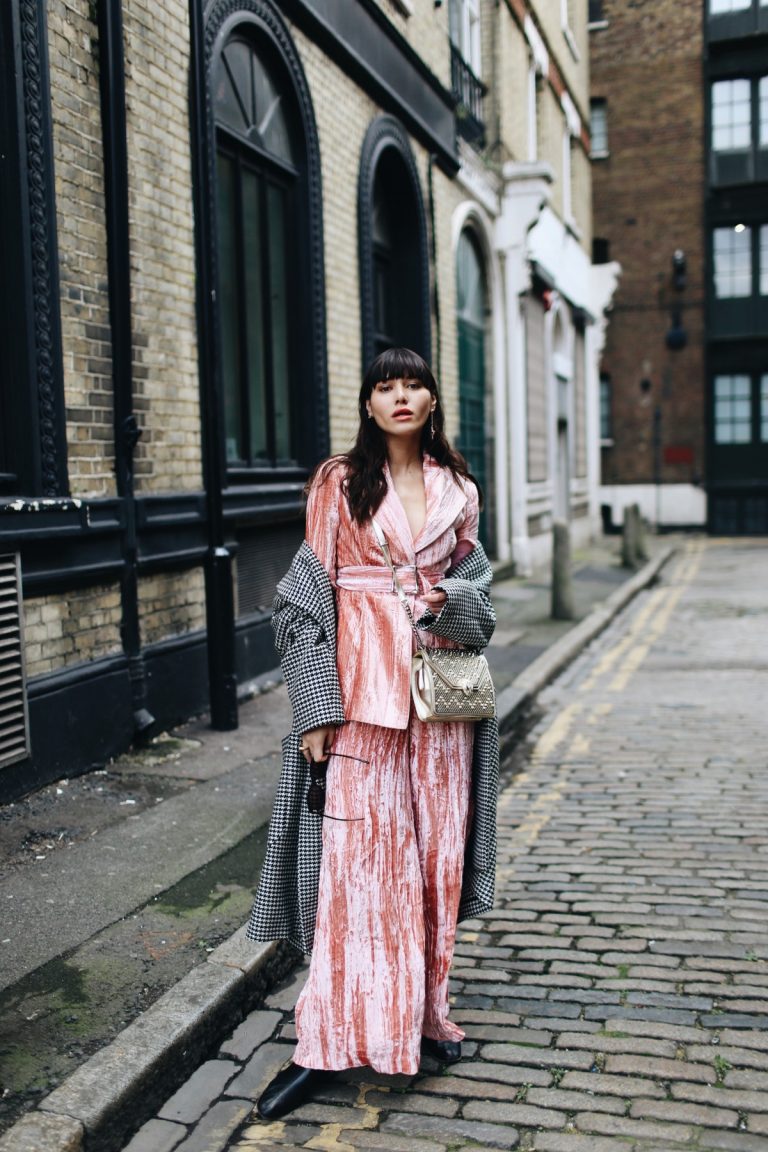PINK VELVET ON THE STREETS OF LONDON - NATALIE OFF DUTY