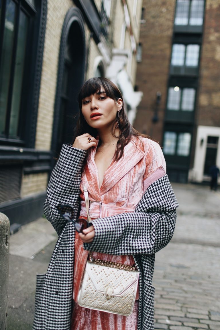 PINK VELVET ON THE STREETS OF LONDON - NATALIE OFF DUTY
